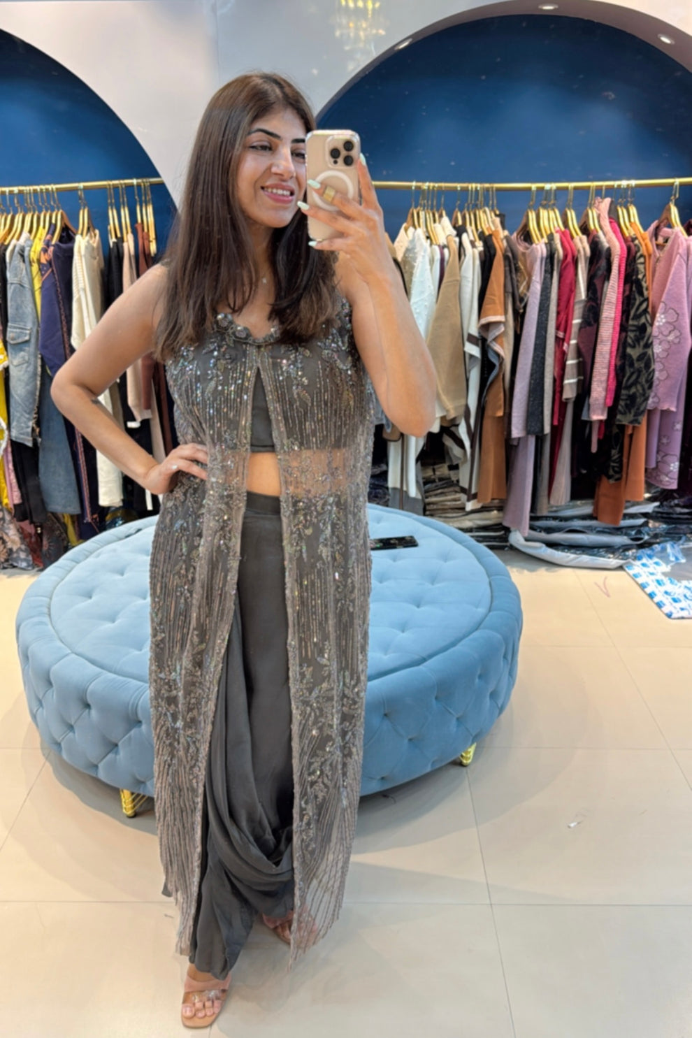 Mouse Skirt And Crepe Embroidered Embellished Cape With Draped Set ...