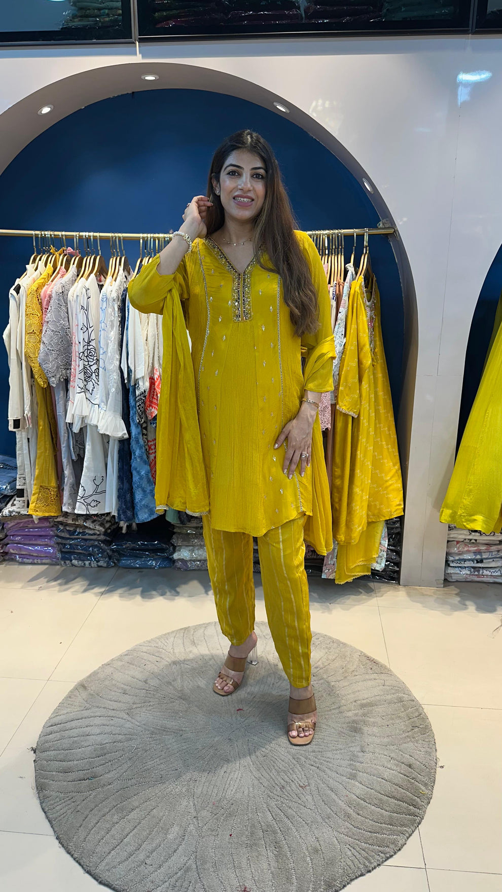 Mustard partywear A line mirror work shirt with pants with dupatta ...
